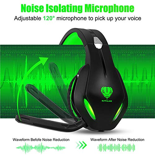 Headsets for Xbox One, PS4, PC, Nintendo Switch, Mac, Gaming Headset with Stereo Surround Sound, Over Ear Gaming Headphones with Noise Canceling Mic, LED Light (Headsets for Xbox/Green)