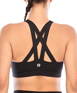 running girl sports bra for women, criss-cross back padded strappy sports bras medium support yoga bra with removable cups (wx2575.black-1, l)