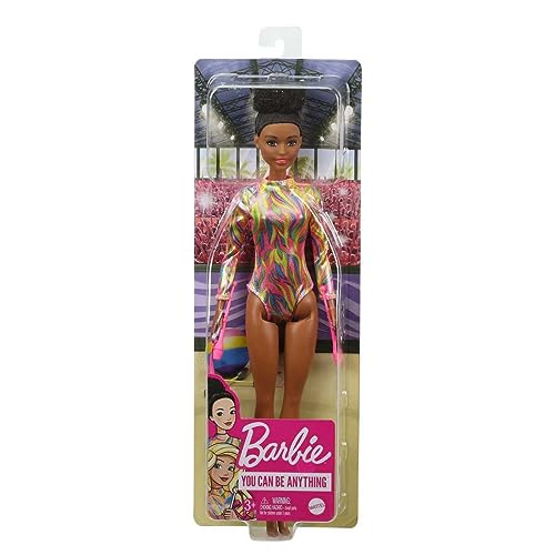 Barbie Rhythmic Gymnast Brunette Doll (12-in) with Colorful Metallic Leotard, 2 Clubs & Ribbon Accessory, Great Gift for Ages 3 Years Old & Up