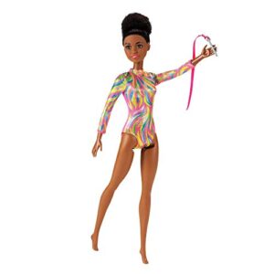 Barbie Rhythmic Gymnast Brunette Doll (12-in) with Colorful Metallic Leotard, 2 Clubs & Ribbon Accessory, Great Gift for Ages 3 Years Old & Up