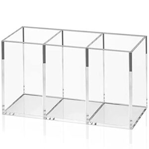 niubee acrylic pen holder 3 compartments, clear pencil organizer cup for countertop desk accessory storage