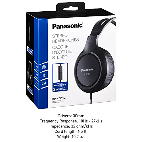 Panasonic Lightweight Over The Ear Wired Headphones with Microphone, Sound and XBS for Extra Bass, Long Cord, 3.5mm Jack for Phones and Laptops – RP-HT161M (Black)