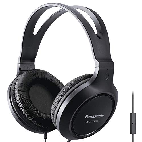 Panasonic Lightweight Over The Ear Wired Headphones with Microphone, Sound and XBS for Extra Bass, Long Cord, 3.5mm Jack for Phones and Laptops – RP-HT161M (Black)