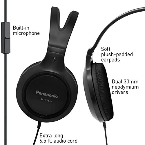 Panasonic Lightweight Over The Ear Wired Headphones with Microphone, Sound and XBS for Extra Bass, Long Cord, 3.5mm Jack for Phones and Laptops – RP-HT161M (Black)