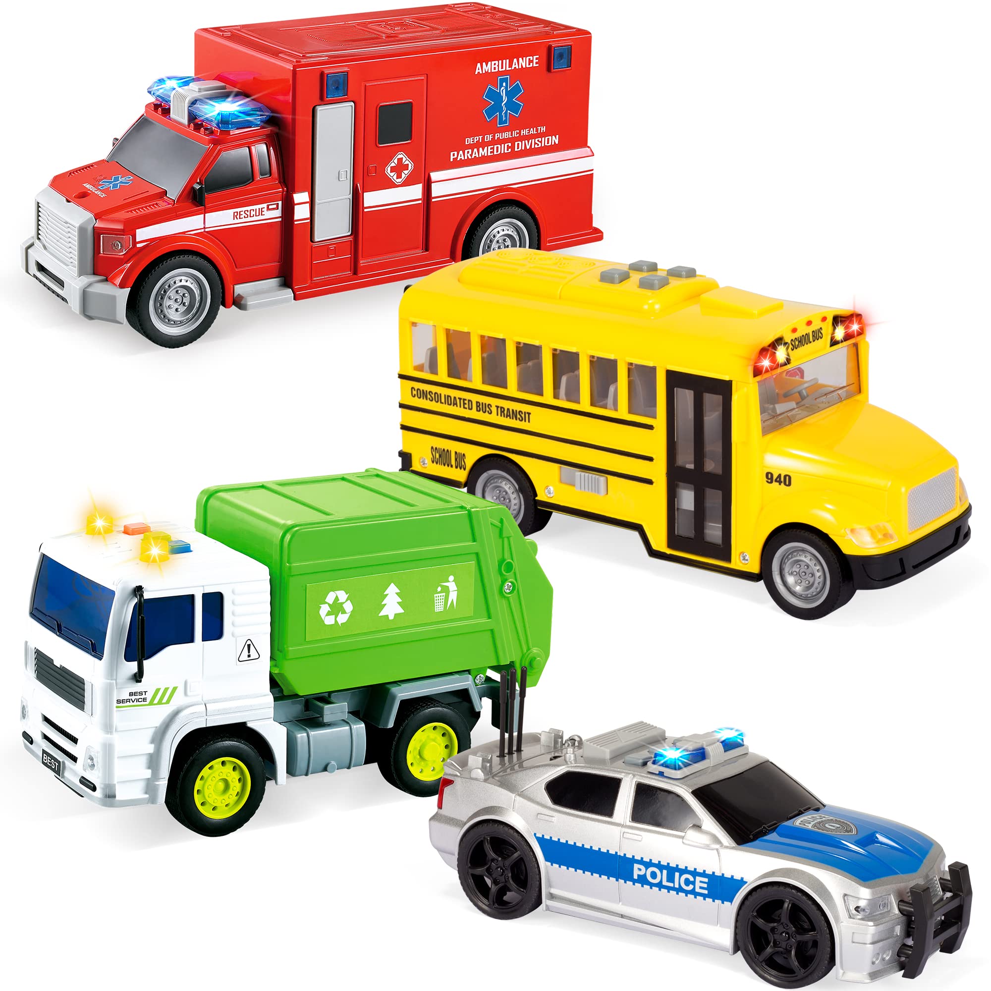 JOYIN 4 Pcs 7" Long Vehicle Toy Set, Toddlers Cars with Lights and Siren Sound, Including Play Police Car, School Bus, Toy Garbage Truck, Ambulance Toy, Birthday Party Gifts Toys for Boys 3-5