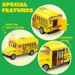 JOYIN 4 Pcs 7" Long Vehicle Toy Set, Toddlers Cars with Lights and Siren Sound, Including Play Police Car, School Bus, Toy Garbage Truck, Ambulance Toy, Birthday Party Gifts Toys for Boys 3-5