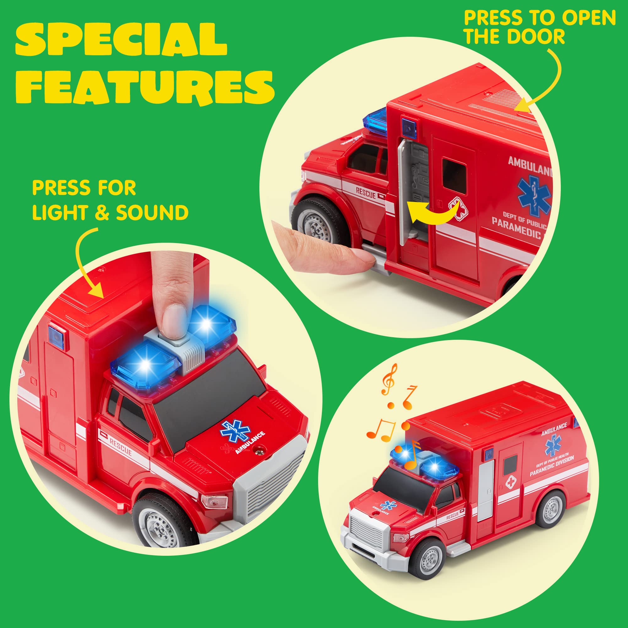 JOYIN 4 Pcs 7" Long Vehicle Toy Set, Toddlers Cars with Lights and Siren Sound, Including Play Police Car, School Bus, Toy Garbage Truck, Ambulance Toy, Birthday Party Gifts Toys for Boys 3-5