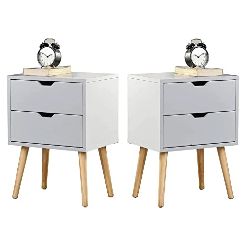 sweetgo End Side Table Nightstand with Storage Drawer -Fashion Modern Assemble Storage Cabinet Bedroom Bedside -Solid Wood Legs Living Room Bedroom Furniture-Double Drawer Nightstand-Set of 2 (White)