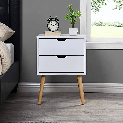 sweetgo End Side Table Nightstand with Storage Drawer -Fashion Modern Assemble Storage Cabinet Bedroom Bedside -Solid Wood Legs Living Room Bedroom Furniture-Double Drawer Nightstand-Set of 2 (White)