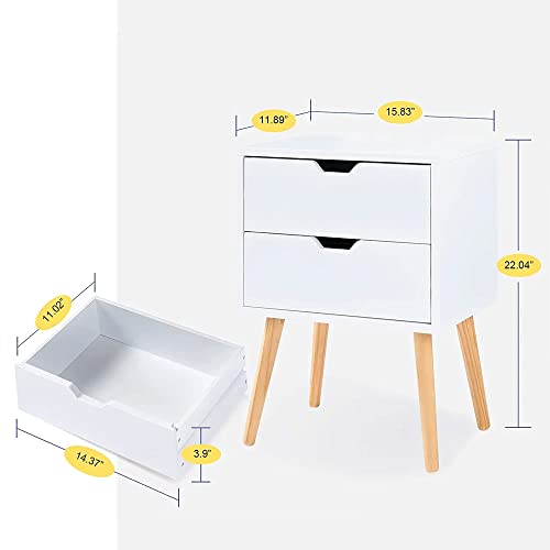 sweetgo End Side Table Nightstand with Storage Drawer -Fashion Modern Assemble Storage Cabinet Bedroom Bedside -Solid Wood Legs Living Room Bedroom Furniture-Double Drawer Nightstand-Set of 2 (White)