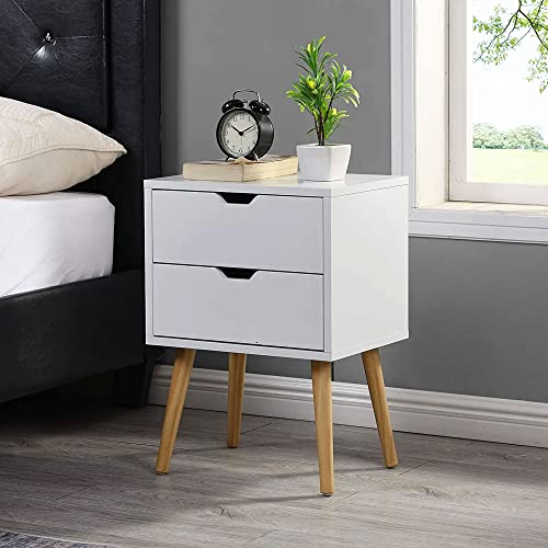 sweetgo End Side Table Nightstand with Storage Drawer -Fashion Modern Assemble Storage Cabinet Bedroom Bedside -Solid Wood Legs Living Room Bedroom Furniture-Double Drawer Nightstand-Set of 2 (White)