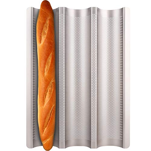 Fulimax Baguette Pan, French Bread Pans For Baking Pan, Nonstick 3 Slots Perforated Italian Loaf Pan Mold Long French Bread Pan,Golden