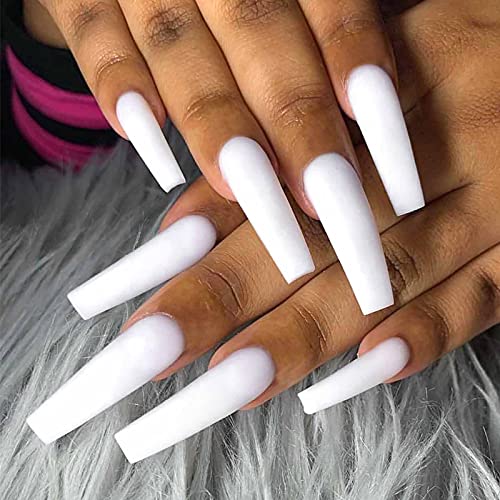 Florry Coffin Extra Long Fake Nails Ballerina Press on Nails Matte Acrylic Nails for Women and Girls 24Pcs (White)