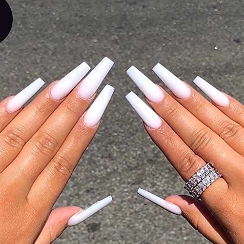 Florry Coffin Extra Long Fake Nails Ballerina Press on Nails Matte Acrylic Nails for Women and Girls 24Pcs (White)