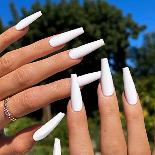 Florry Coffin Extra Long Fake Nails Ballerina Press on Nails Matte Acrylic Nails for Women and Girls 24Pcs (White)