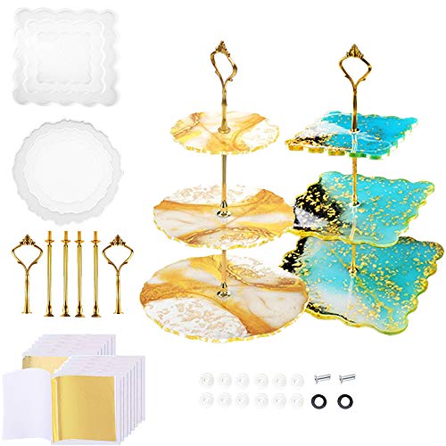 2 Pack 3 Tier Cake Stand Resin Tray Molds, Epoxy Resin Casting Mold with 6Pcs Crown Brackets and 20 Gold Foils, DIY Silicone Mold for Making Cupcake Dessert Platter Serving Stand (Round+Square)