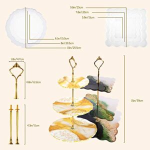 2 Pack 3 Tier Cake Stand Resin Tray Molds, Epoxy Resin Casting Mold with 6Pcs Crown Brackets and 20 Gold Foils, DIY Silicone Mold for Making Cupcake Dessert Platter Serving Stand (Round+Square)