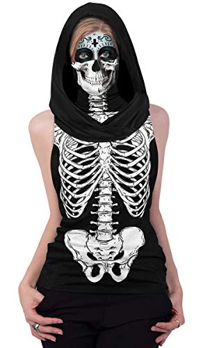 Ainuno Skeleton Shirt Skull Hoodie for Women Teen Girls Funny Halloween Shirts Costume Top with Mask Tshirts White Skeleton Printed Sleeveless Hoodie Pullover Sweatshirt Cute Tee,Skull Skeleton L