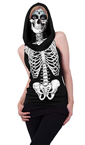 Ainuno Skeleton Shirt Skull Hoodie for Women Teen Girls Funny Halloween Shirts Costume Top with Mask Tshirts White Skeleton Printed Sleeveless Hoodie Pullover Sweatshirt Cute Tee,Skull Skeleton L