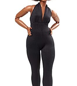 Barbie Signature Looks Doll (Curvy, Brunette) Fully Posable Fashion Doll Wearing Black Jumpsuit, Gift for Collectors