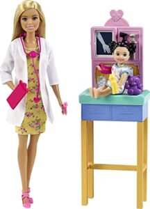 barbie careers doll & playset, pediatrician theme with blonde fashion doll, 1 patient doll, furniture & accessories