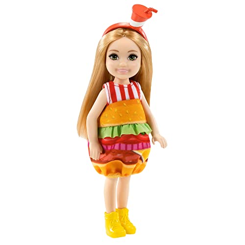 Barbie Club Chelsea Dress-Up Doll (6-inch Blonde) in Burger Costume with Pet and Accessories, Gift for 3 to 7 Year Olds