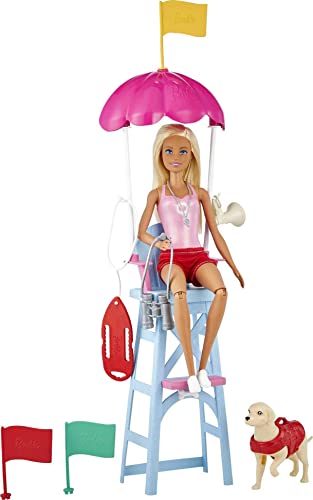 Barbie Careers Doll & Playset, Lifeguard Theme with Blonde Fashion Doll, 1 Dog Figure, Furniture & Accessories