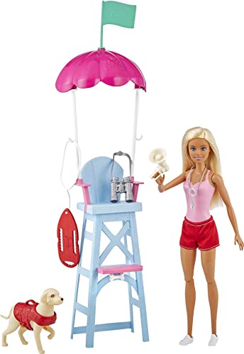 Barbie Careers Doll & Playset, Lifeguard Theme with Blonde Fashion Doll, 1 Dog Figure, Furniture & Accessories