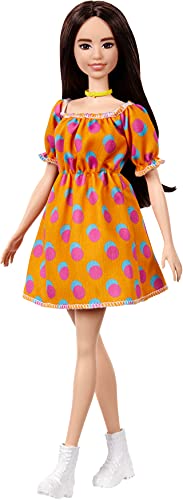 Barbie Fashionistas Doll #160 with Long Brunette Hair Wearing Patterned Orange Dress, White Shoes & Yellow Choker, Toy for Kids 3 to 8 Years Old