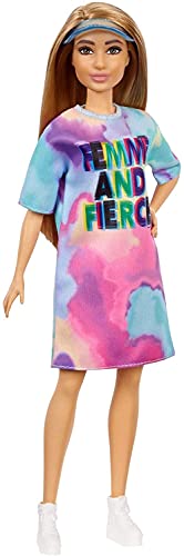 Barbie Fashionistas Doll, Petite, with Light Brown Hair Wearing Tie-Dye T-Shirt Dress, White Shoes & Visor, Toy for Kids 3 to 8 Years Old