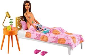 barbie doll and bedroom playset, indoor furniture playset doll (11.5-inch brunette) wearing pajamas and accessories, gift for 3 to 7 year olds