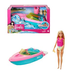 barbie doll and boat playset with pet puppy, life vest and beverage accessories, fits 3 dolls and floats in water