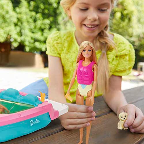 Barbie Doll and Boat Playset with Pet Puppy, Life Vest and Beverage Accessories, Fits 3 Dolls and Floats in Water