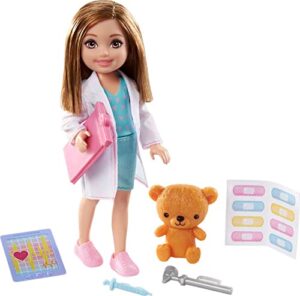 barbie chelsea can be playset with brunette chelsea doctor doll (6-in), clipboard, ekg reader, band-aid stickers,2 medical tools, teddy bear, great gift for ages 3 years old & up