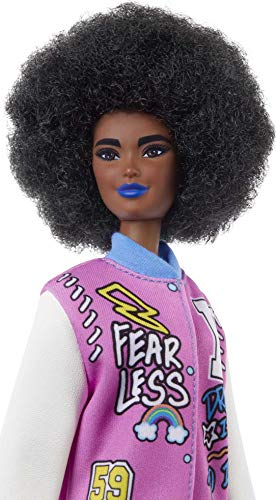 Barbie Fashionistas Doll #156 with Brunette Afro & Blue Lips Wearing Graphic Coat Dress & Yellow Shoes, Toy for Kids 3 to 8 Years Old