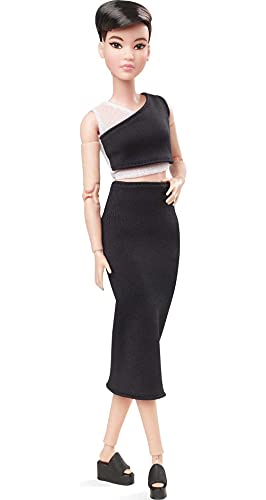 Barbie Signature Barbie Looks Doll (Petite, Brunette Pixie Cut) Fully Posable Fashion Doll Wearing Black Midi Skirt and Top, Gift for Collectors