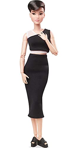 Barbie Signature Barbie Looks Doll (Petite, Brunette Pixie Cut) Fully Posable Fashion Doll Wearing Black Midi Skirt and Top, Gift for Collectors