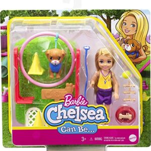 Barbie Chelsea Can Be Dog Trainer Playset with Blonde Chelsea Doll (6-in), Dog & Leash, Jumping Hoop, Obstacle Cones, Training Treats & More, Great Gift for Ages 3 Years Old & Up