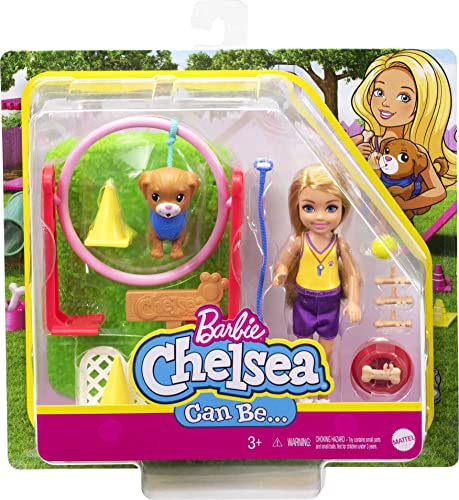 Barbie Chelsea Can Be Dog Trainer Playset with Blonde Chelsea Doll (6-in), Dog & Leash, Jumping Hoop, Obstacle Cones, Training Treats & More, Great Gift for Ages 3 Years Old & Up