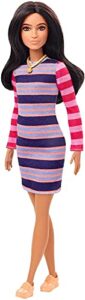 barbie fashionistas doll #147 with long brunette hair wearing striped dress, orange shoes & necklace, toy for kids 3 to 8 years old