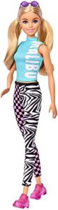 barbie fashionistas doll #158, long blonde pigtails wearing teal sport top, patterned leggings, pink sneakers & sunglasses, toy for kids 3 to 8 years old