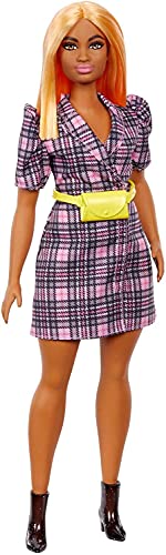 Barbie Fashionistas Doll #161, Curvy with Orange Hair Wearing Pink Plaid Dress, Black Boots & Yellow Fanny Pack, Toy for Kids 3 to 8 Years Old