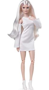 barbie signature looks doll (tall, blonde) fully posable fashion doll wearing white dress & platform boots, gift for collectors