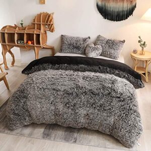 mego luxury shaggy plush duvet cover set, soft 3 pieces fluffy faux fur comforter cover set king size, fuzzy velvet bedding set(1 furry duvet cover + 2 pillow shams), zipper closure(king, black ombre)