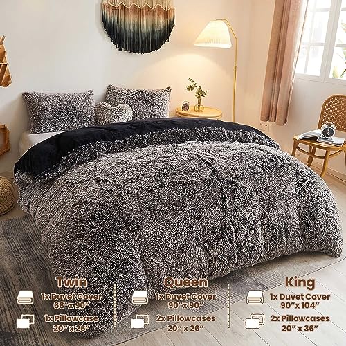 MEGO Luxury Shaggy Plush Duvet Cover Set, Soft 3 Pieces Fluffy Faux Fur Comforter Cover Set King Size, Fuzzy Velvet Bedding Set(1 Furry Duvet Cover + 2 Pillow Shams), Zipper Closure(King, Black Ombre)