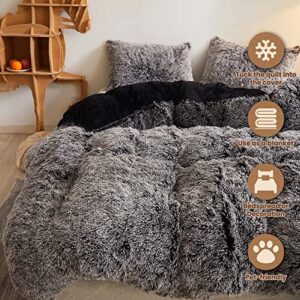 MEGO Luxury Shaggy Plush Duvet Cover Set, Soft 3 Pieces Fluffy Faux Fur Comforter Cover Set King Size, Fuzzy Velvet Bedding Set(1 Furry Duvet Cover + 2 Pillow Shams), Zipper Closure(King, Black Ombre)