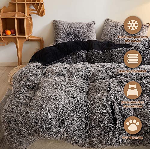 MEGO Luxury Shaggy Plush Duvet Cover Set, Soft 3 Pieces Fluffy Faux Fur Comforter Cover Set King Size, Fuzzy Velvet Bedding Set(1 Furry Duvet Cover + 2 Pillow Shams), Zipper Closure(King, Black Ombre)