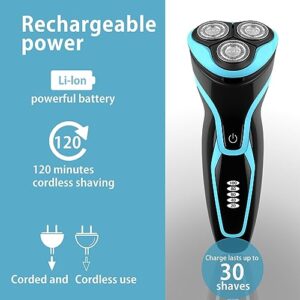 Electric Razor, MAX-T Corded and Cordless Rotary Shaver for Men with Pop Up Trimmer,IPX7 100% Waterproof Wet Dry with Wall Adapter, Blue