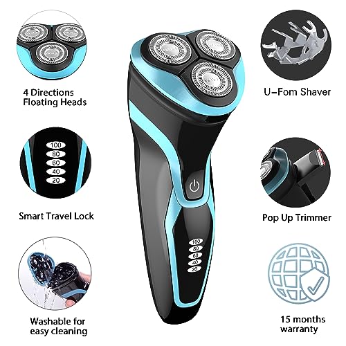 Electric Razor, MAX-T Corded and Cordless Rotary Shaver for Men with Pop Up Trimmer,IPX7 100% Waterproof Wet Dry with Wall Adapter, Blue