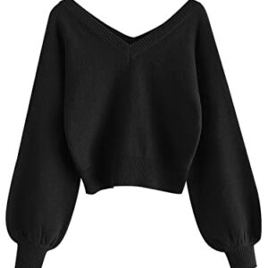 ZAFUL Women's Raglan Long Sleeve Double Side V Neck Short Sweater Casual Solid Cropped Knit Top Pullovers Black